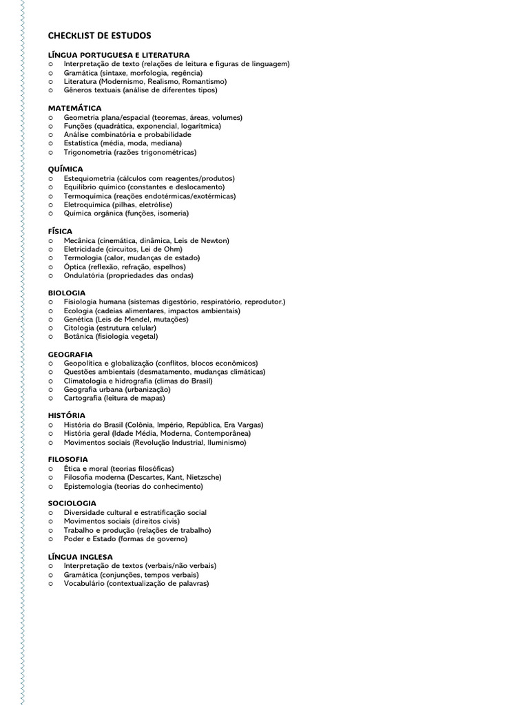 Checklist Completo de Estudos por Matéria | PDF