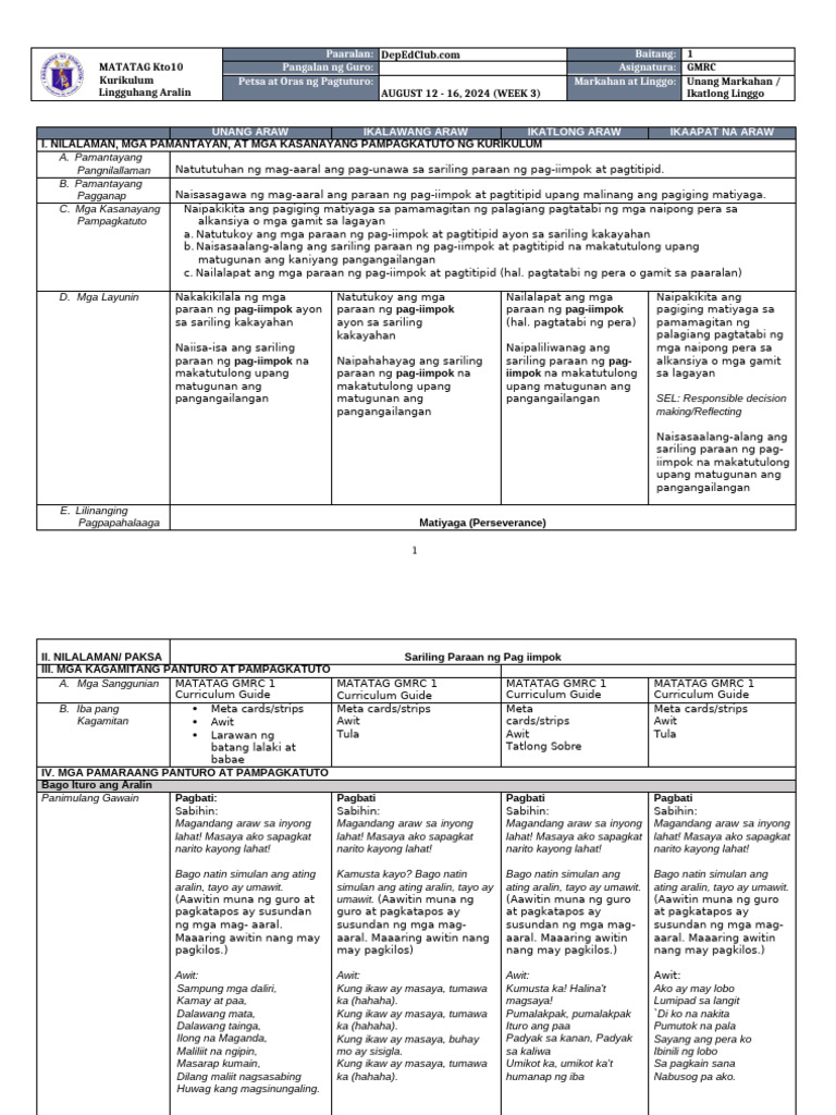 DLL Matatag GMRC 1 q1 w3 | PDF
