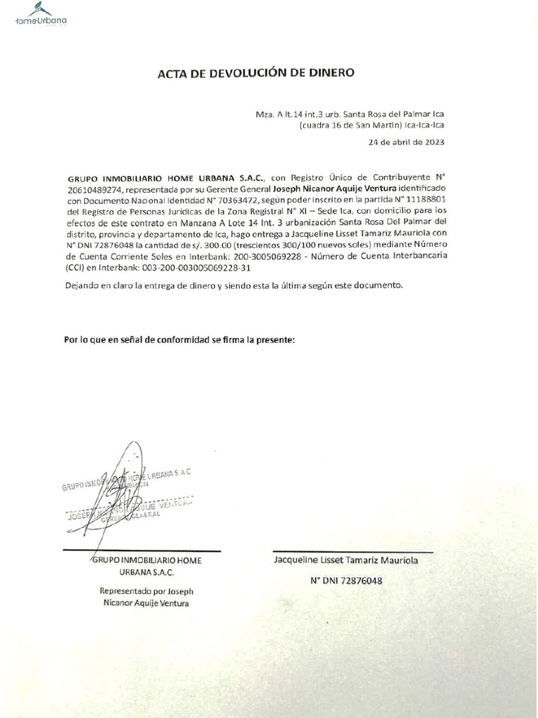 Acta de Devolución de Dinero | PDF