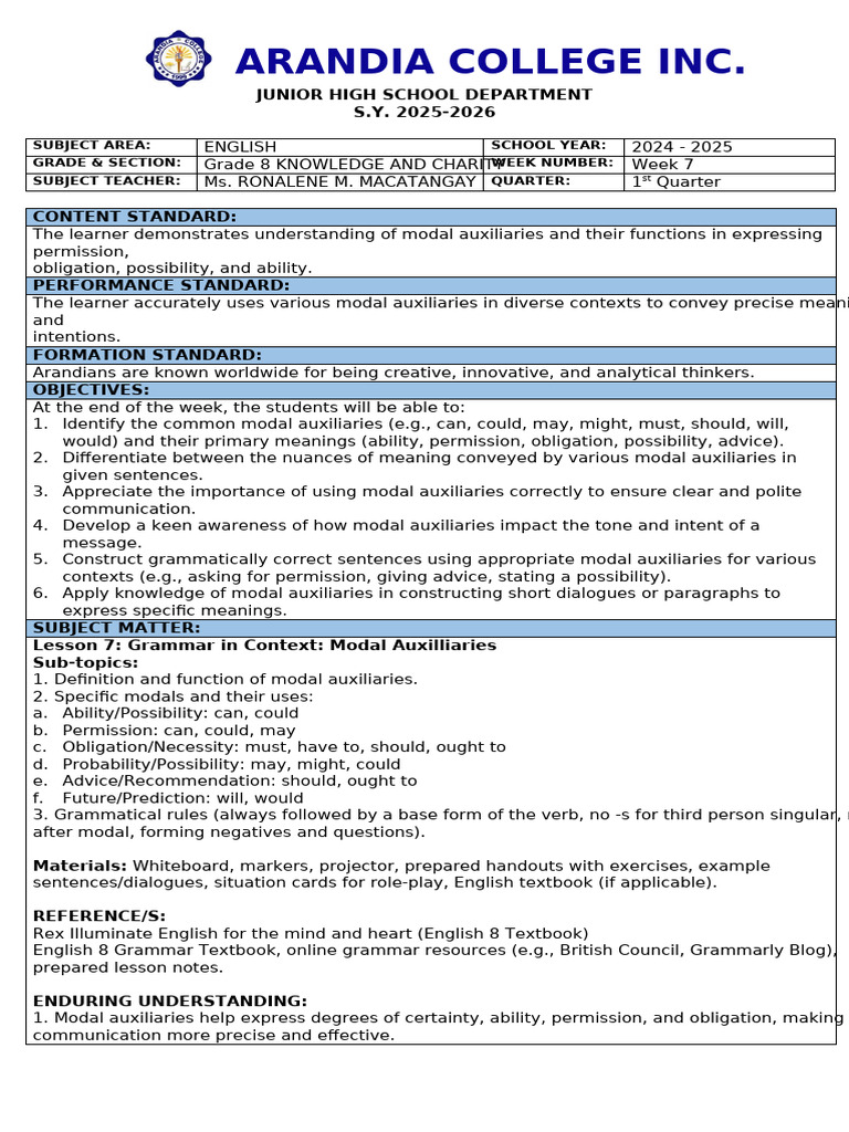 Week 7 Quarter 1 English 8 | PDF | Verb | Learning