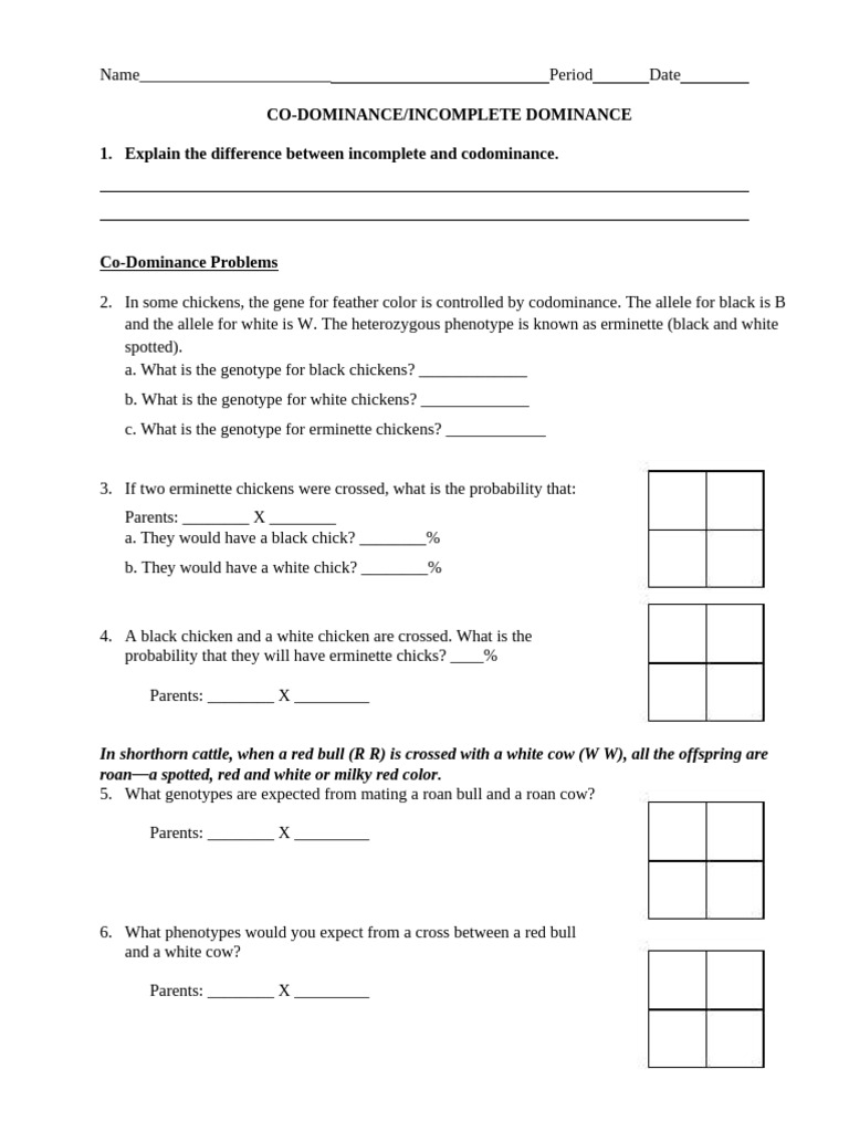 Co-Dominance and Incomplete Dominance Worksheet | PDF