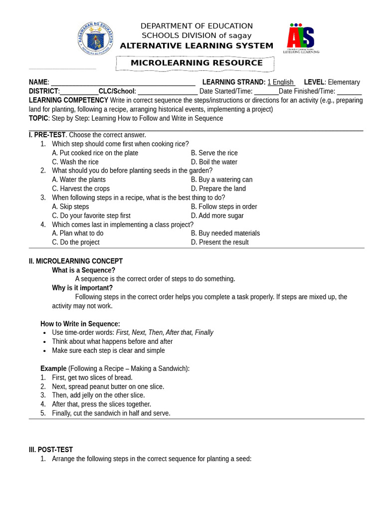 LS1 ENG ELEM Write in Correct Sequence The Steps or Instructions or ...