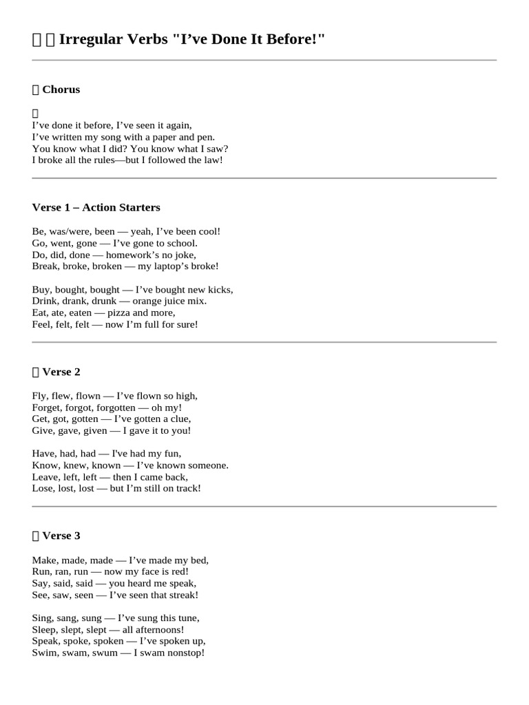 Irregular Verbs Song for Kids | PDF