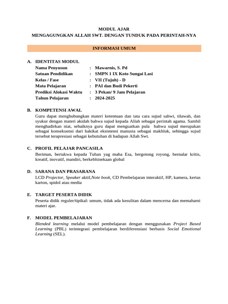 MW - Modul Ajar Kelas 7 PAI - Bab 4 | PDF