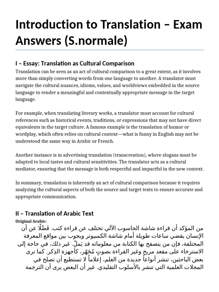 Introduction To Translation Exam Answers | PDF | Translations | Human ...