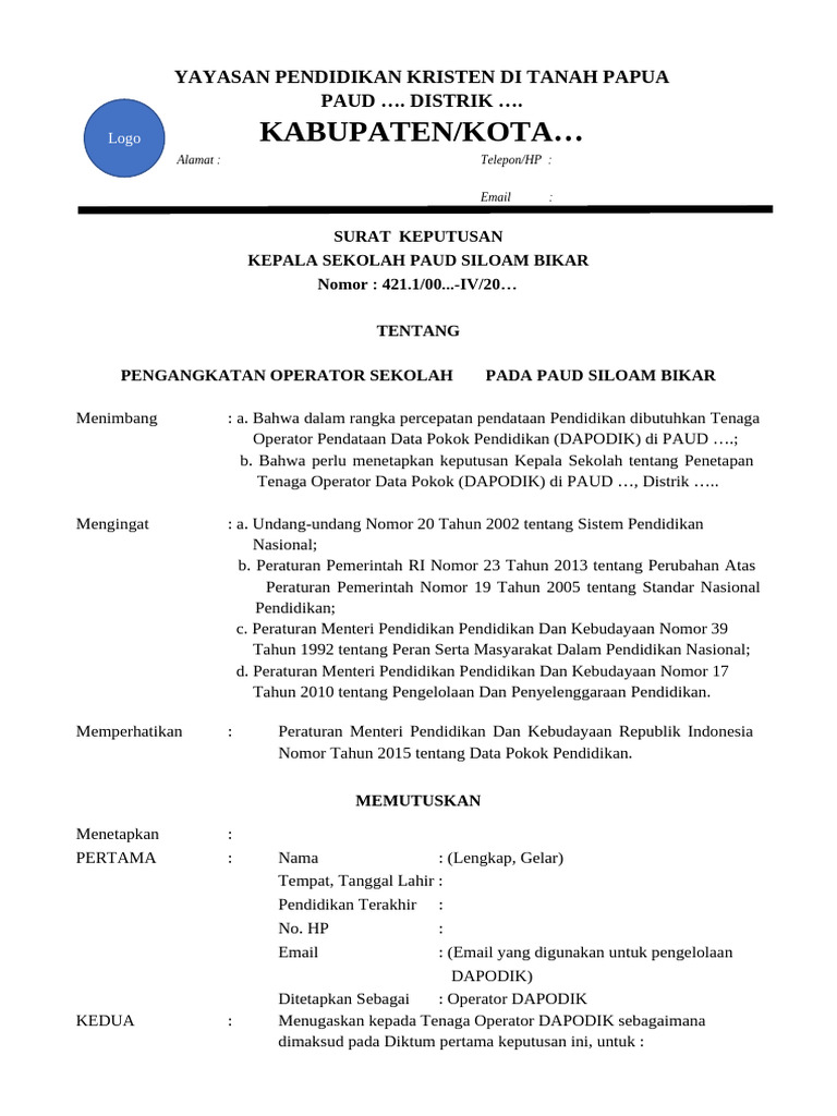 Contoh Format SK Penunjukkan Operator Dapodik | PDF