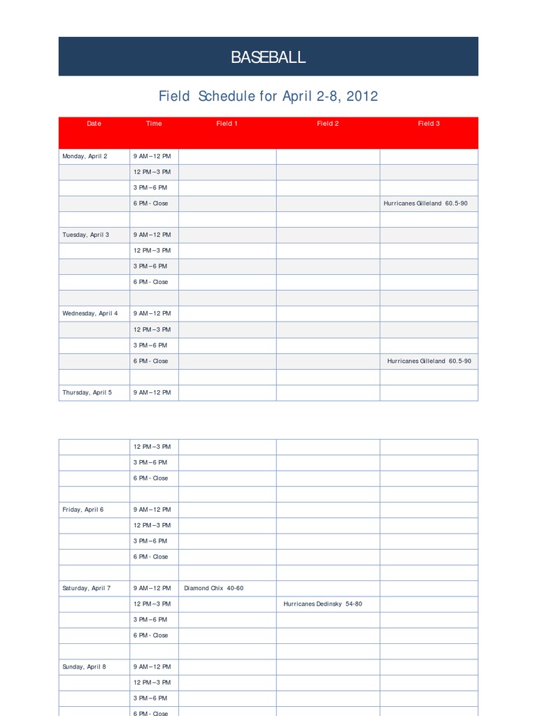 April-May 2012 Baseball Field Schedule | PDF