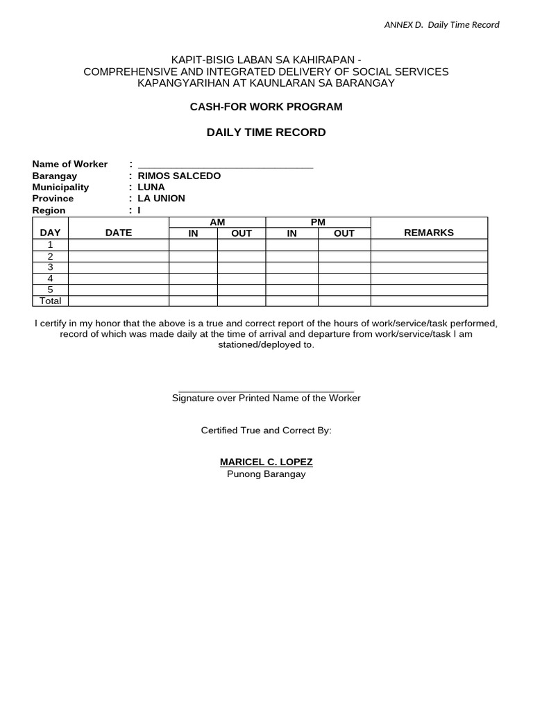 ANNEX D Daily Time Record CFW 2 | PDF