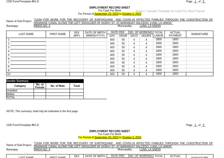 Cash For Work Payroll Template | PDF | Labor | Employment