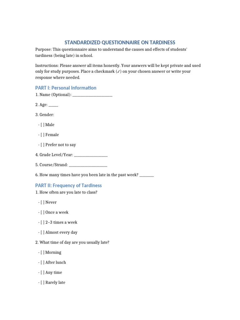 TardinessStandardized Questionnaire JUNIE KEIGH M. ACASO | PDF