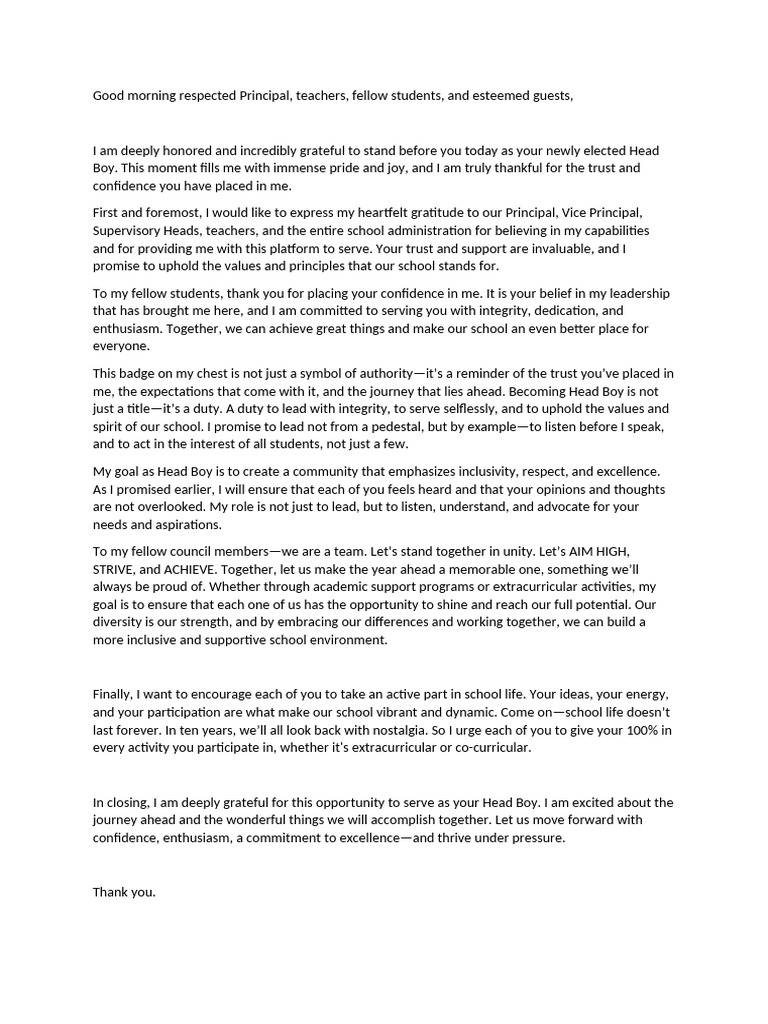 Head Boy Acceptance Speech | PDF | Social Psychology