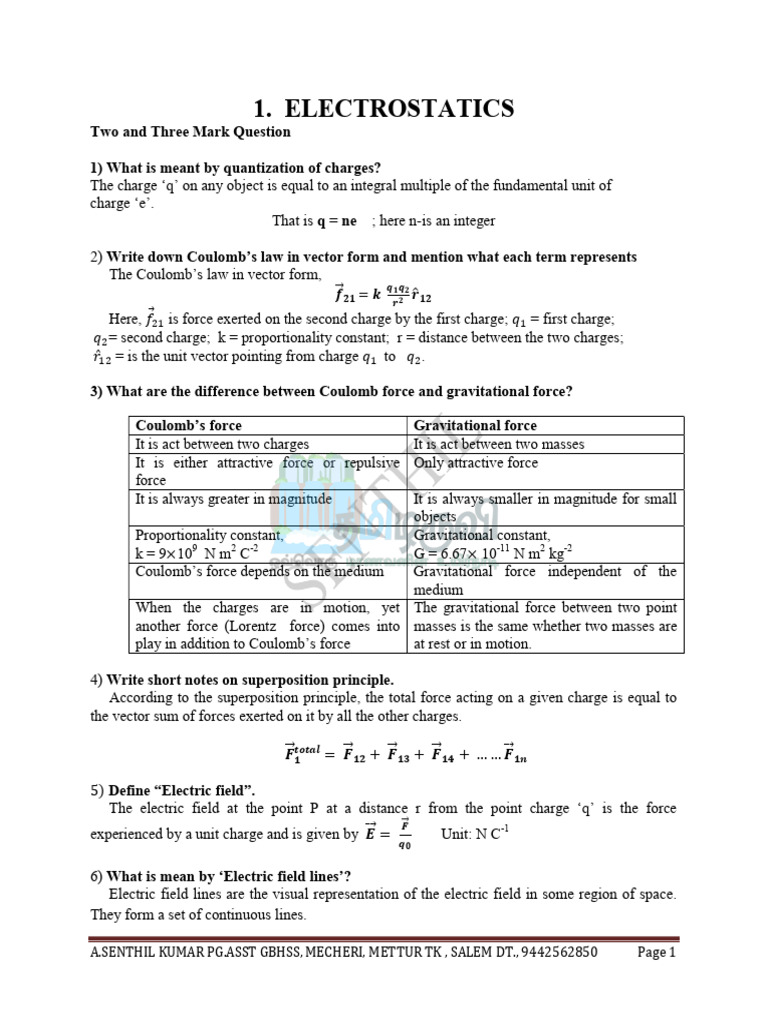 12th Physics Unit 1 Electrostatics Full Study Material English Medium | PDF