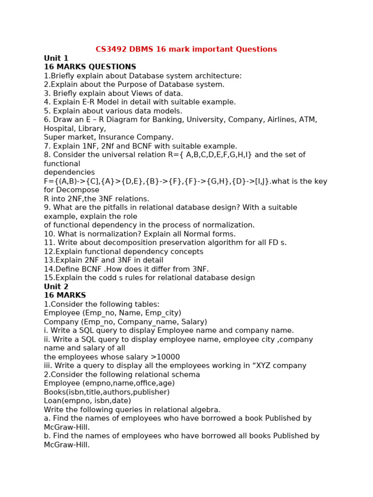 CS3492 DBMS 16 Mark Important Questions | PDF | Databases | Data Management