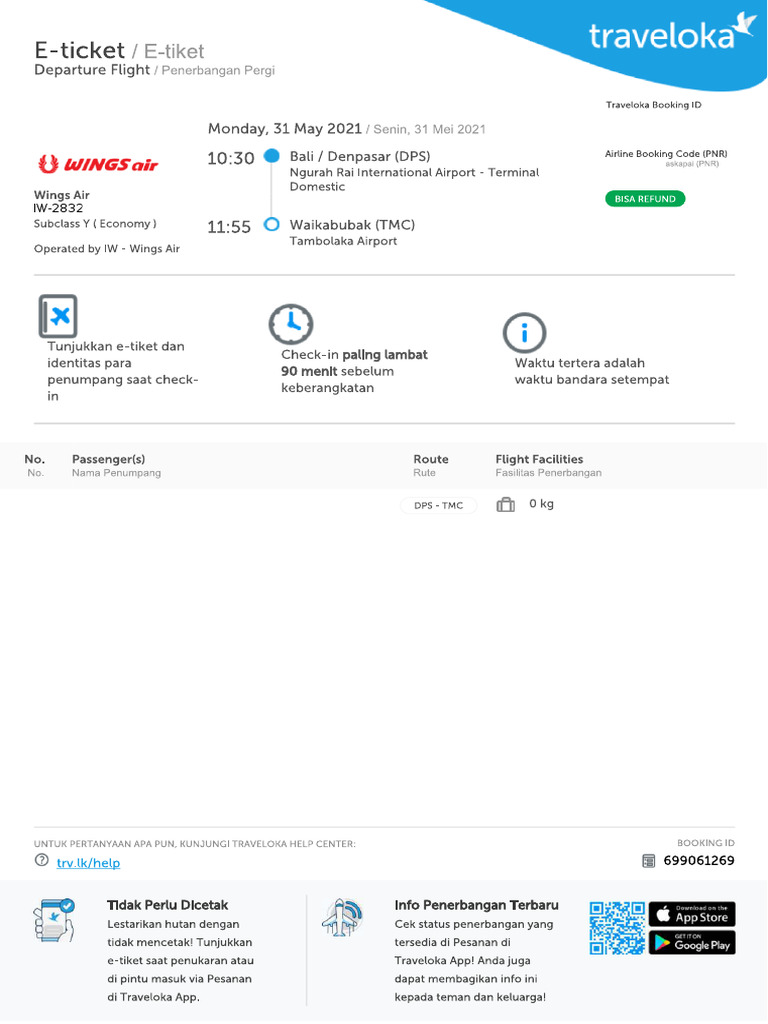 Contoh Flight Eticket Wings Air 2021 | PDF