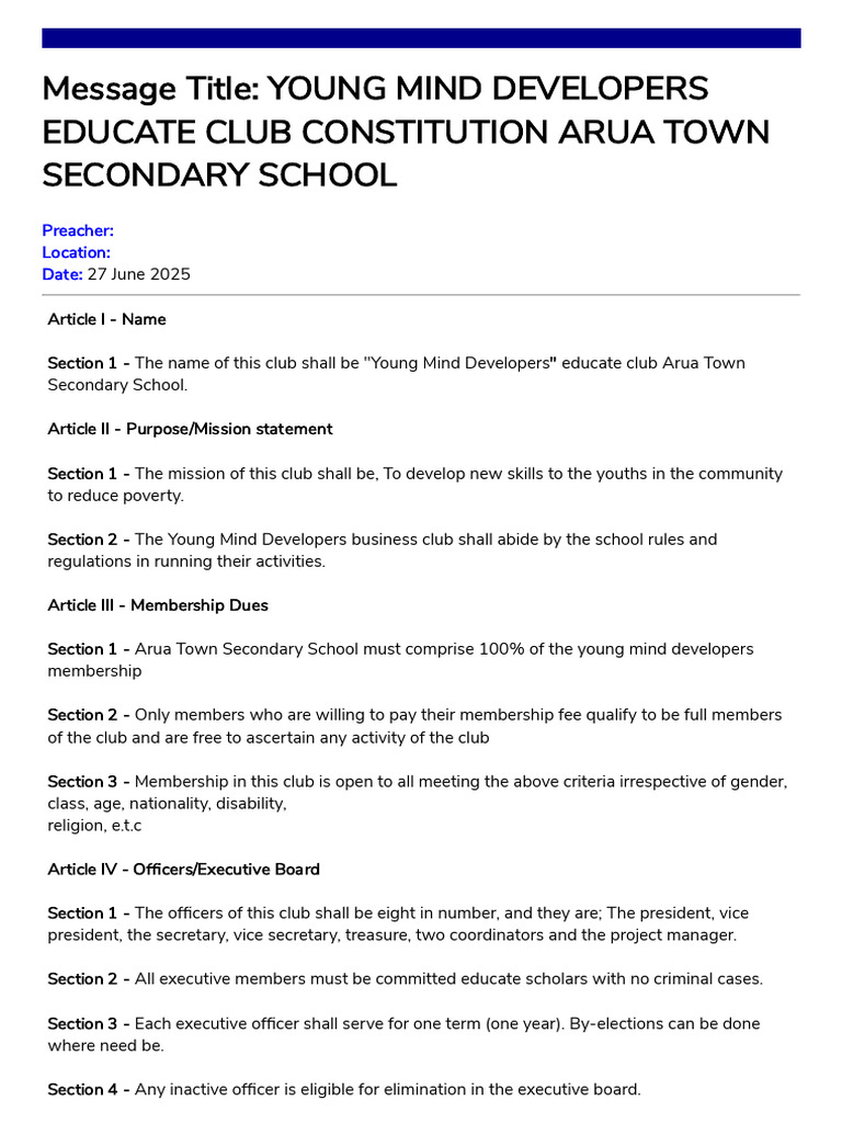 Arua Town SS Educate Club Constitution | PDF | Government | Justice
