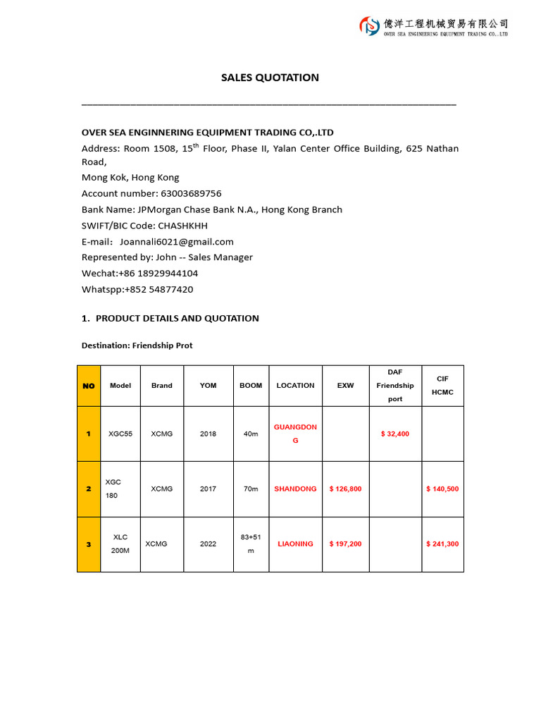 Sales Quotation For Crawler Crane VN 0528 | PDF