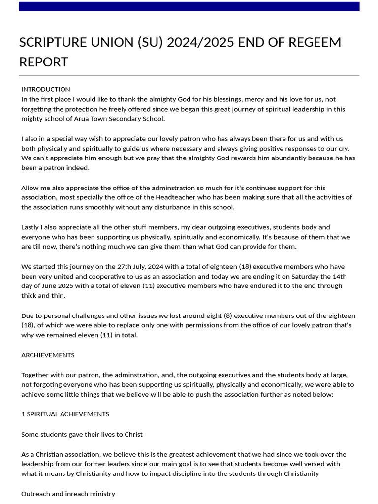Scripture Union Arua Town Ss End of Year Report | PDF | Leadership