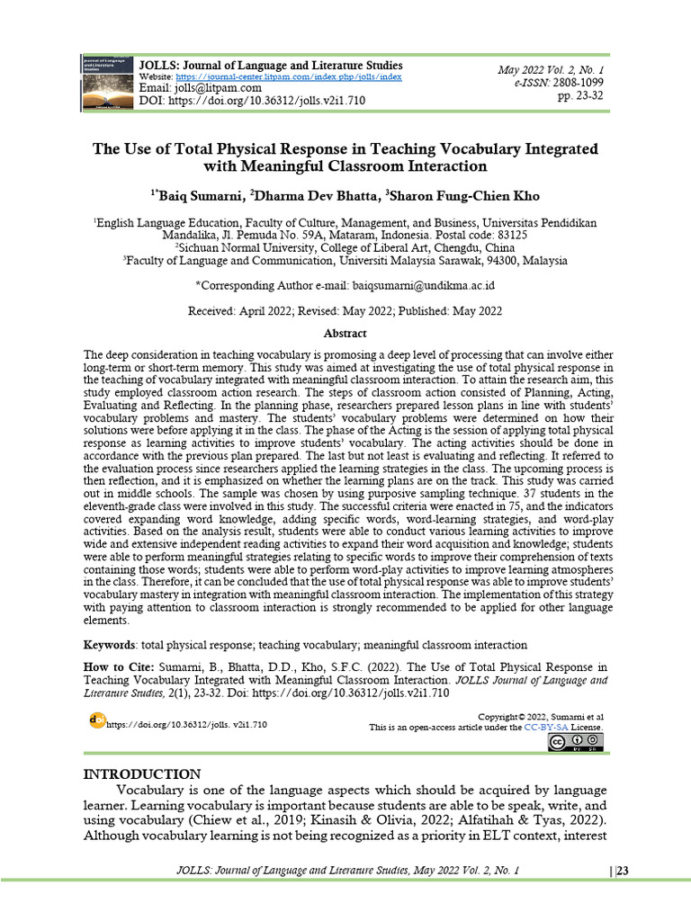 The Use of Total Physical Response in Teaching Vocabulary Integrated ...