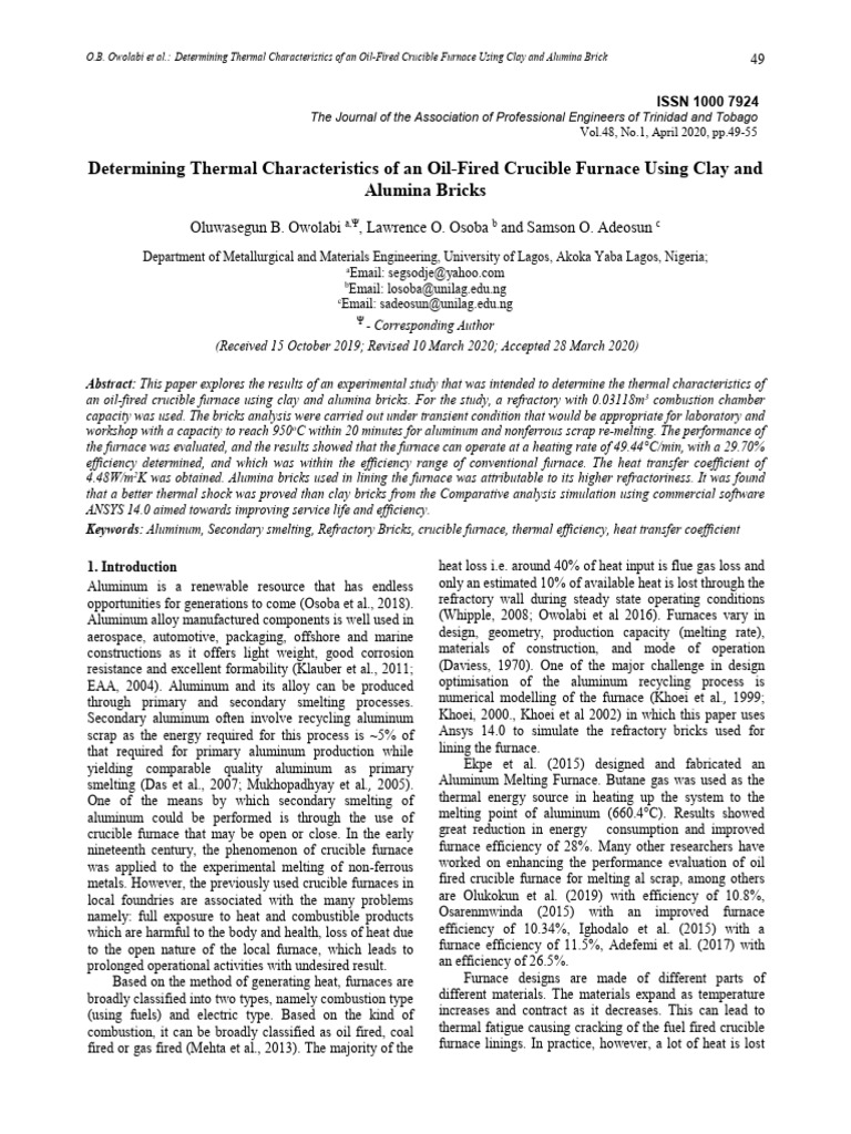 Determining Thermal Characteristics of An Oil-Fired Crucible Furnace ...