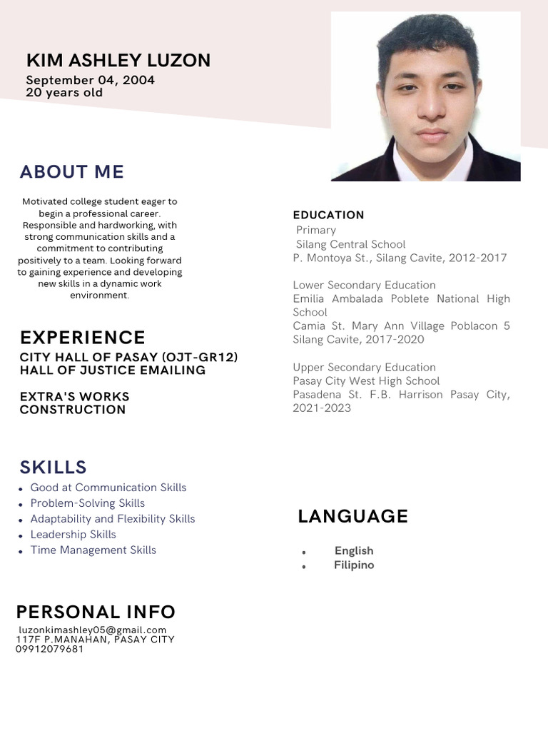 Pink Black & White Minimalist Photo High School Resume - 20250408 ...
