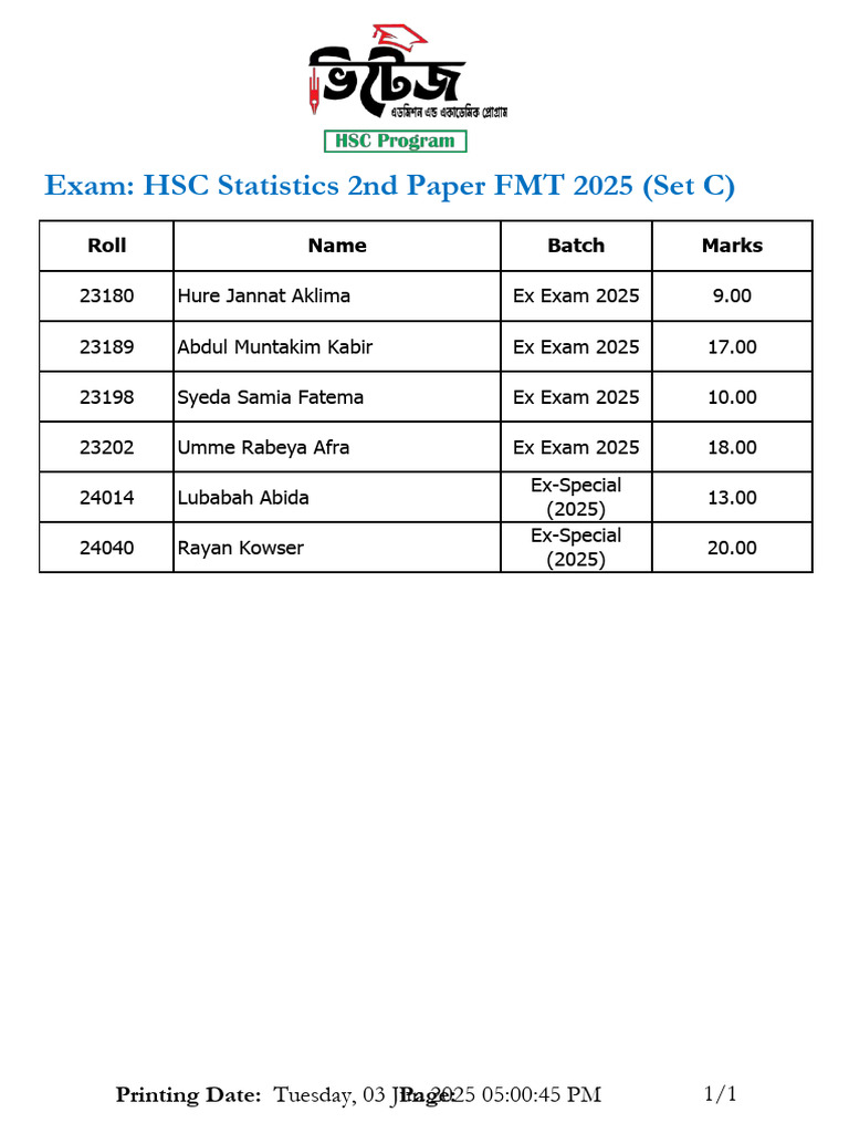 HSC Statistics 2nd Paper FMT 2025 (Set C) | PDF