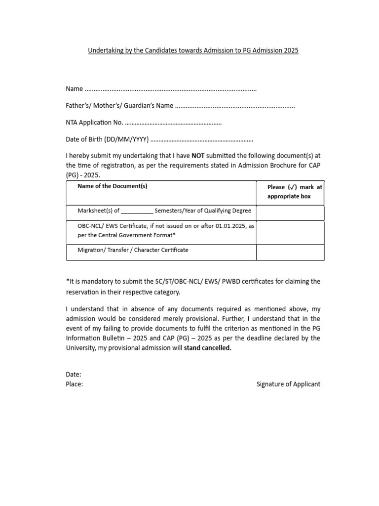 Undertaking Format PG 2025 (1) | PDF