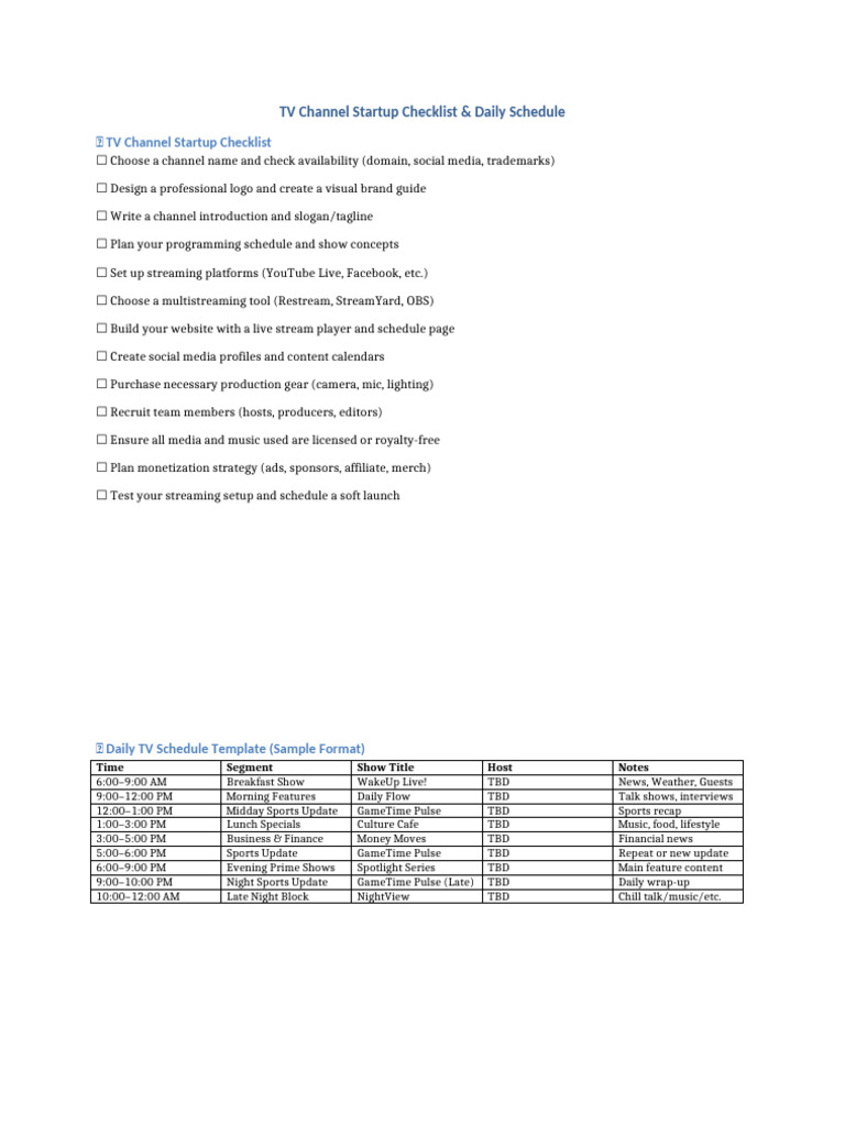 TV Channel Checklist and Schedule | PDF