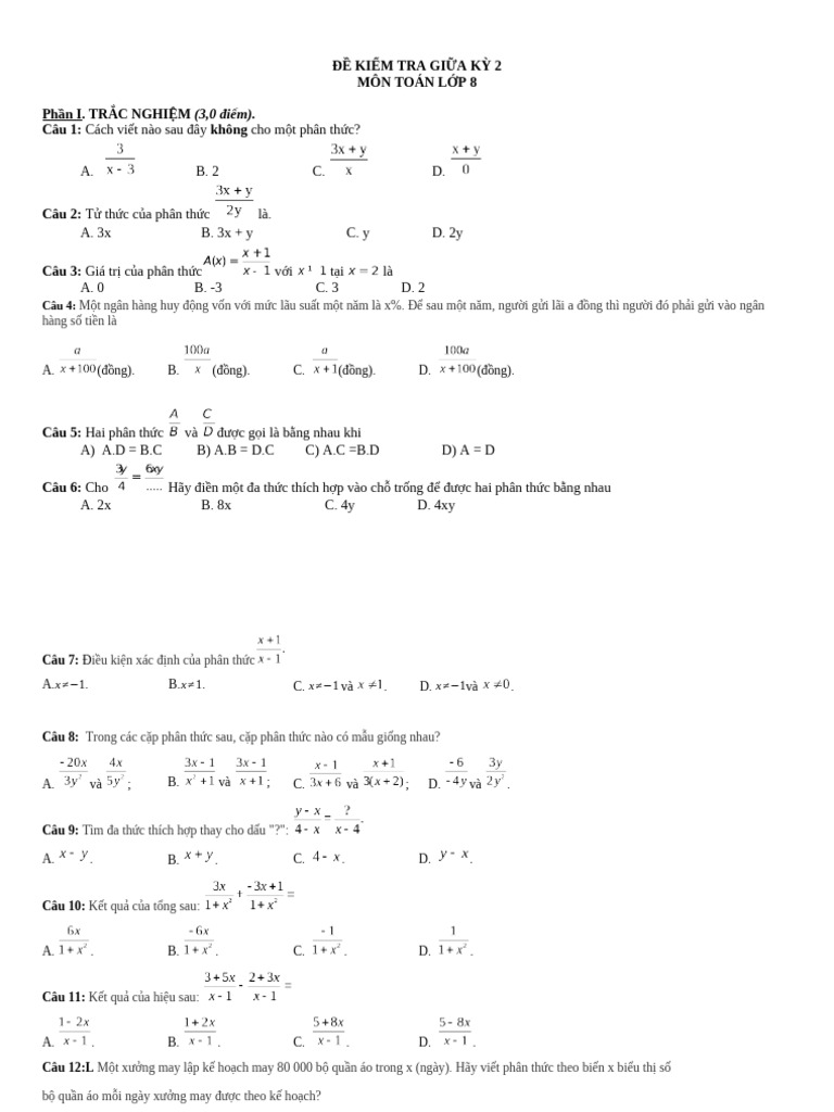 De Thi GK2 Toan 8 | PDF
