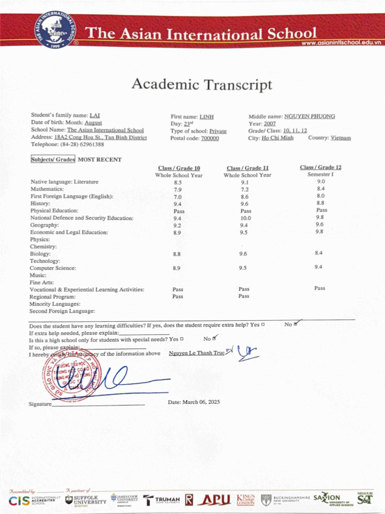 Academic Transcript - Lai, Nguyen Phuong Linh | PDF