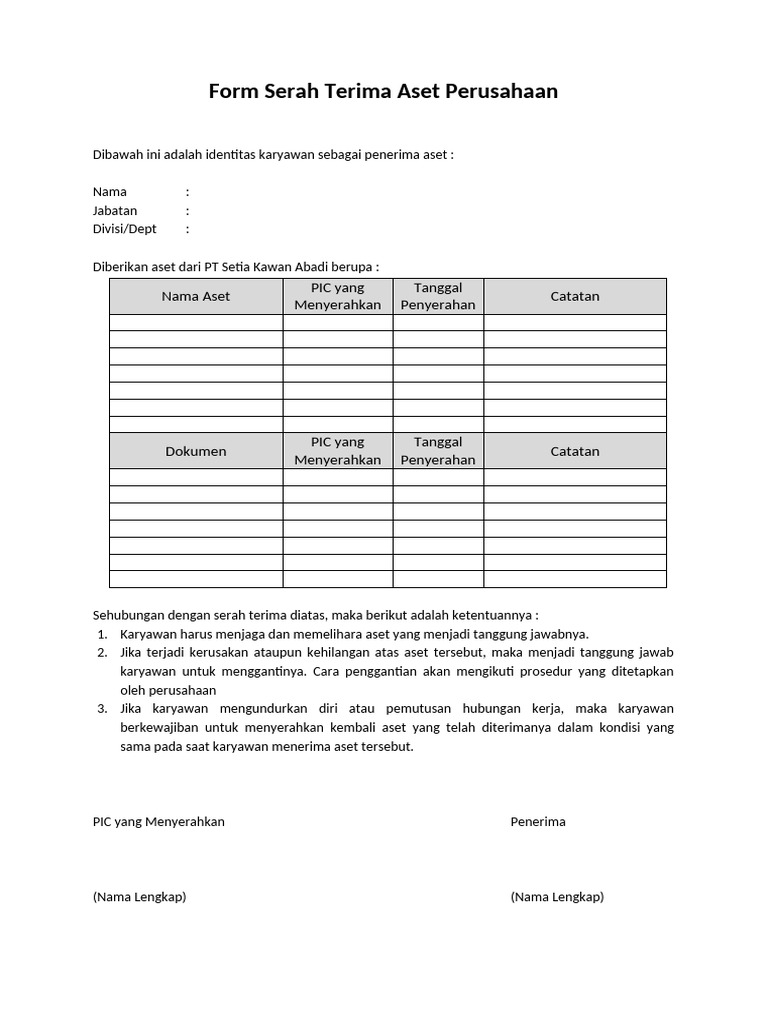 Formulir Serah Terima Aset Perusahaan | PDF