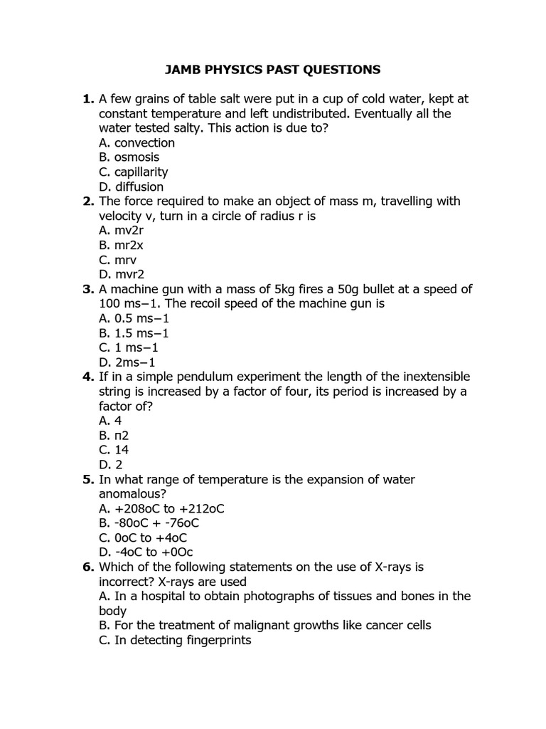 JAMB Physics Past Questions and Answers | PDF | Liquids | Transformer