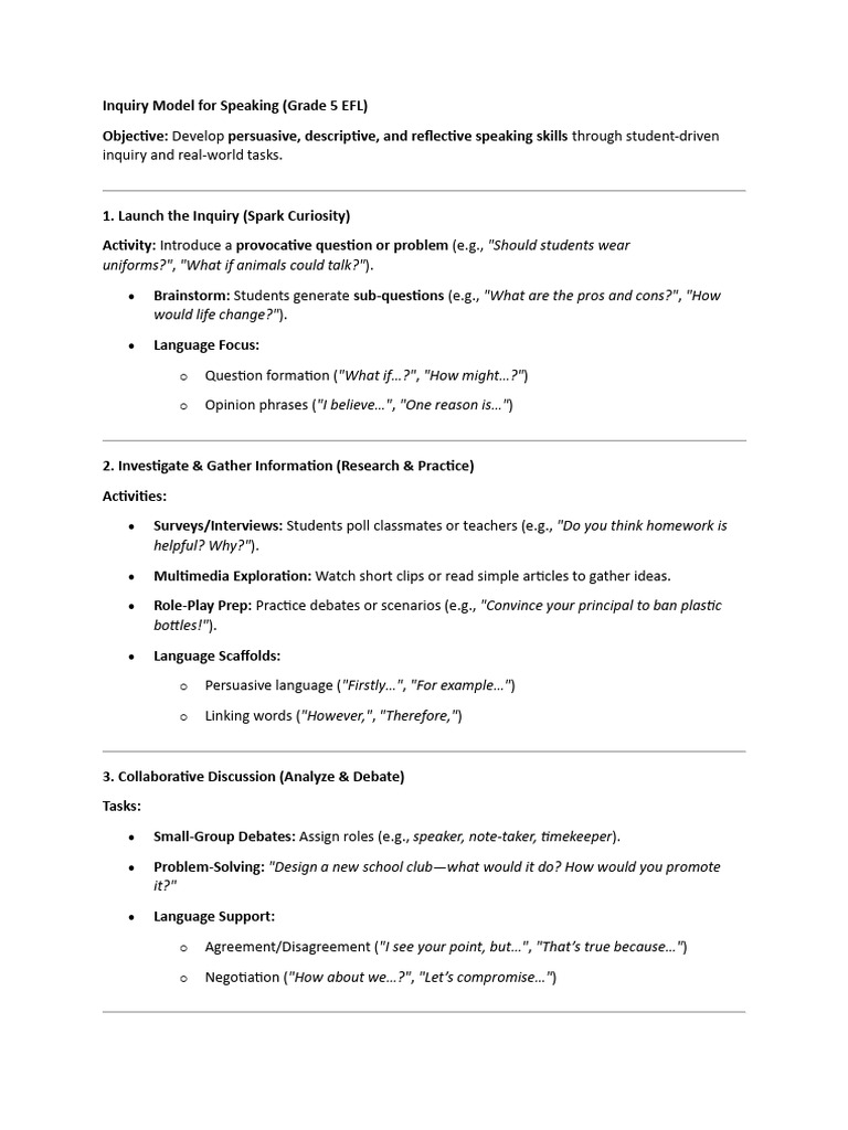 Inquiry-Based Speaking Skills for Grade 5 EFL | PDF