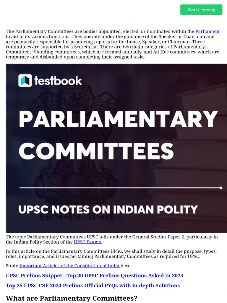 Parliamentary Committees - Types, Roles, & More - Download UPSC Notes | PDF