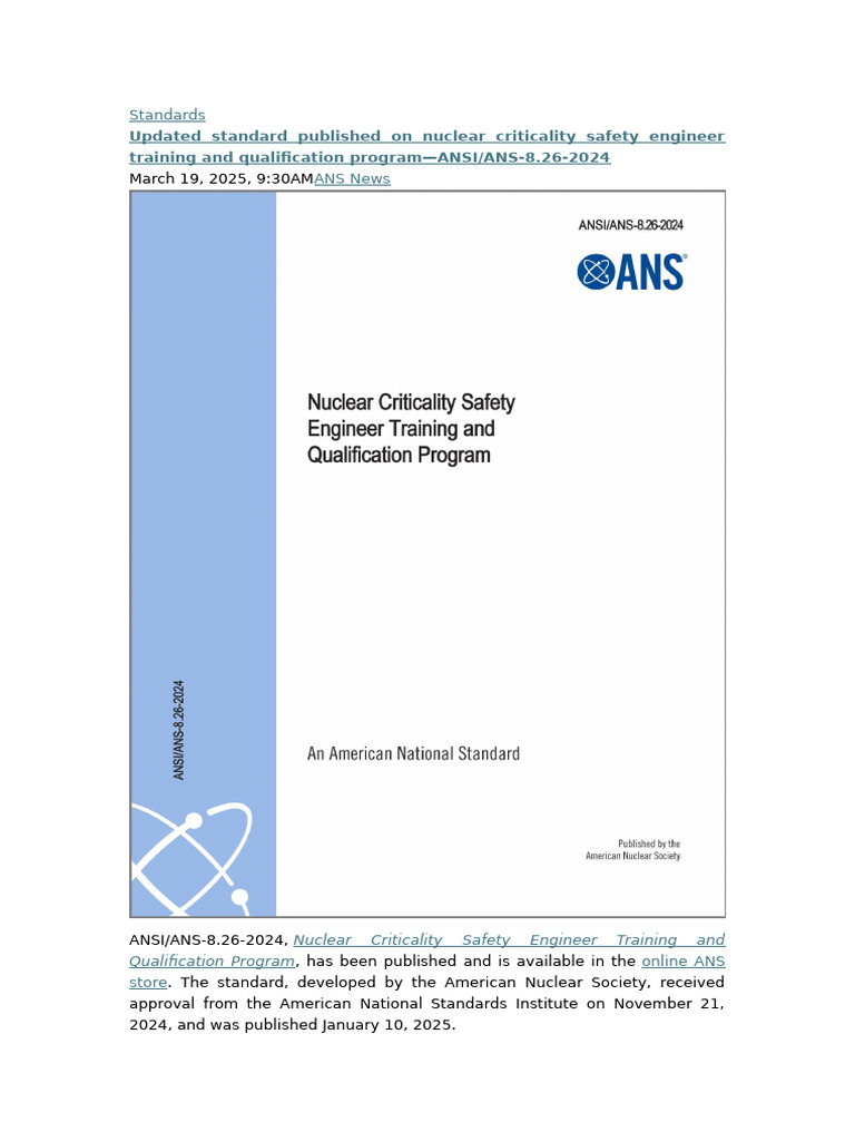 Updated Standard Published On Nuclear Criticality Safety Engineer ...