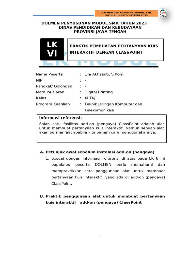 LK 6 Pertanyaan Kuis Interaktif Classpoint Lila Akhsanti | PDF