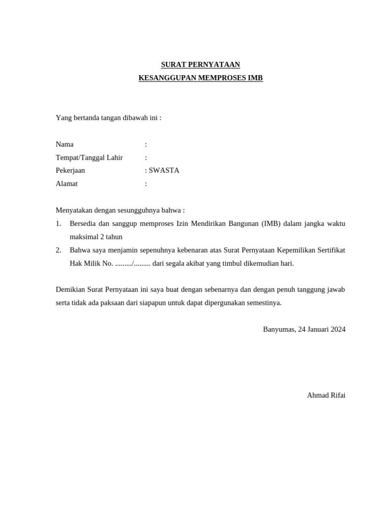 Surat Kesanggupan Imb | PDF