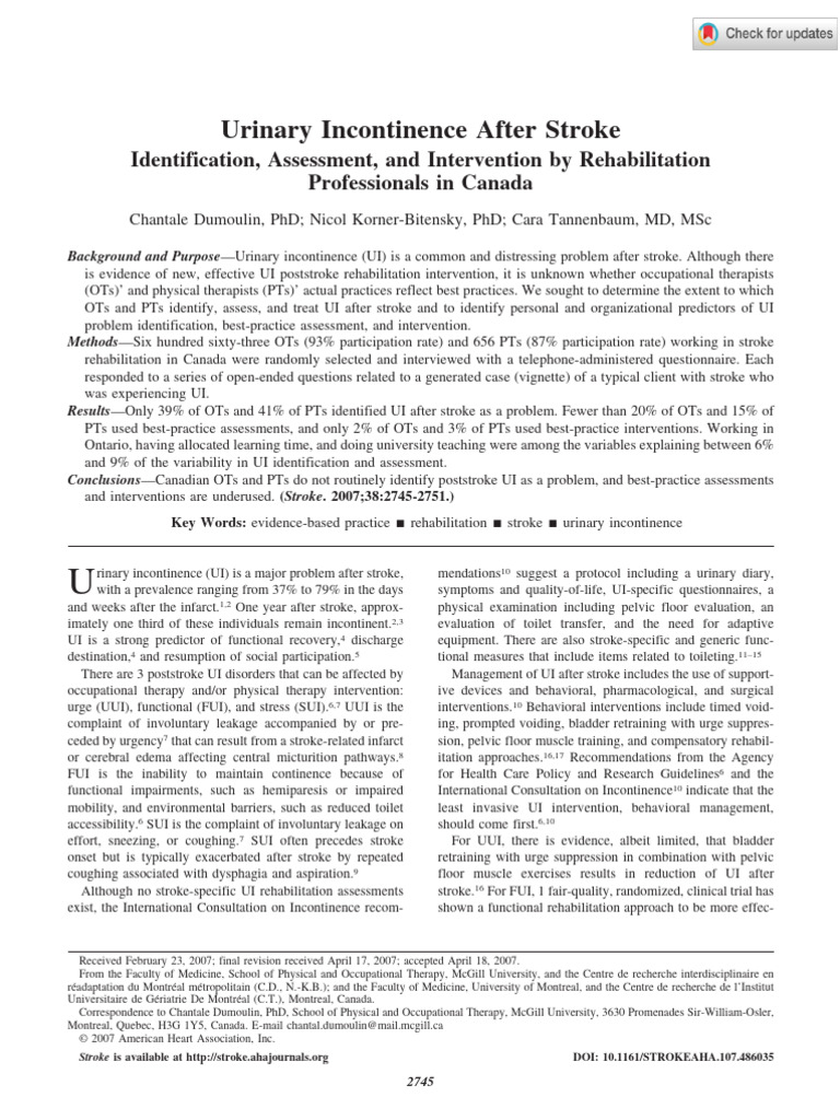 Dumoulin Et Al Urinary Incontinence After Stroke | PDF | Urinary ...