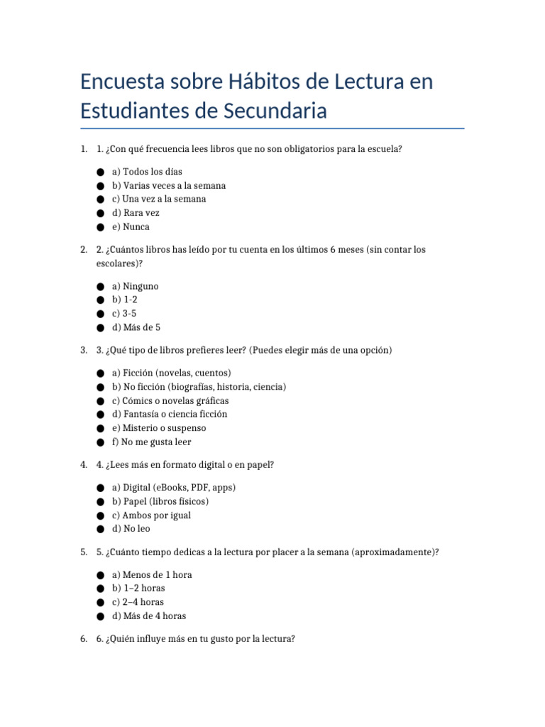 Encuesta Habitos Lectura Secundaria | PDF