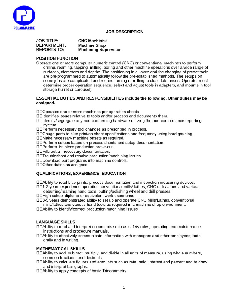 Job Description CNC Machinist | PDF | Machining | Machinist