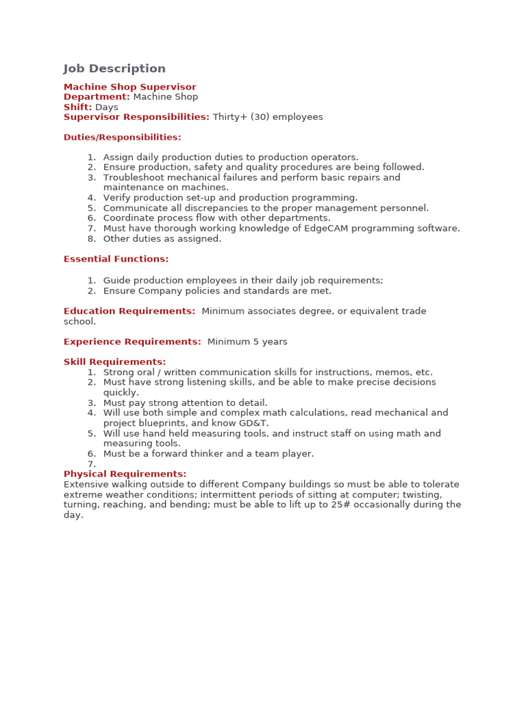 Machine Shop Supervisor Job Overview | PDF