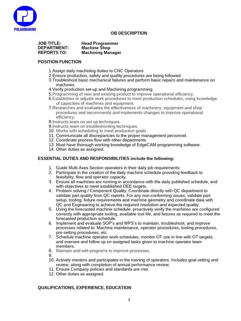 Head Programmer Job Description | PDF | Troubleshooting
