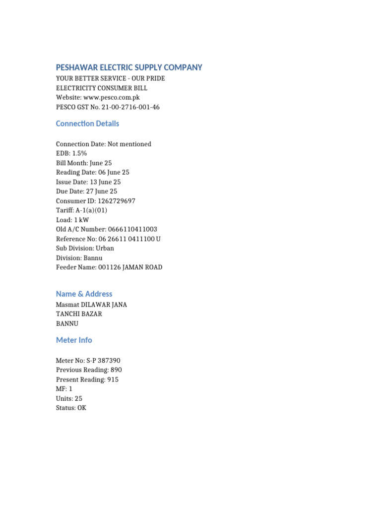 PESCO Electricity Bill June25 | PDF