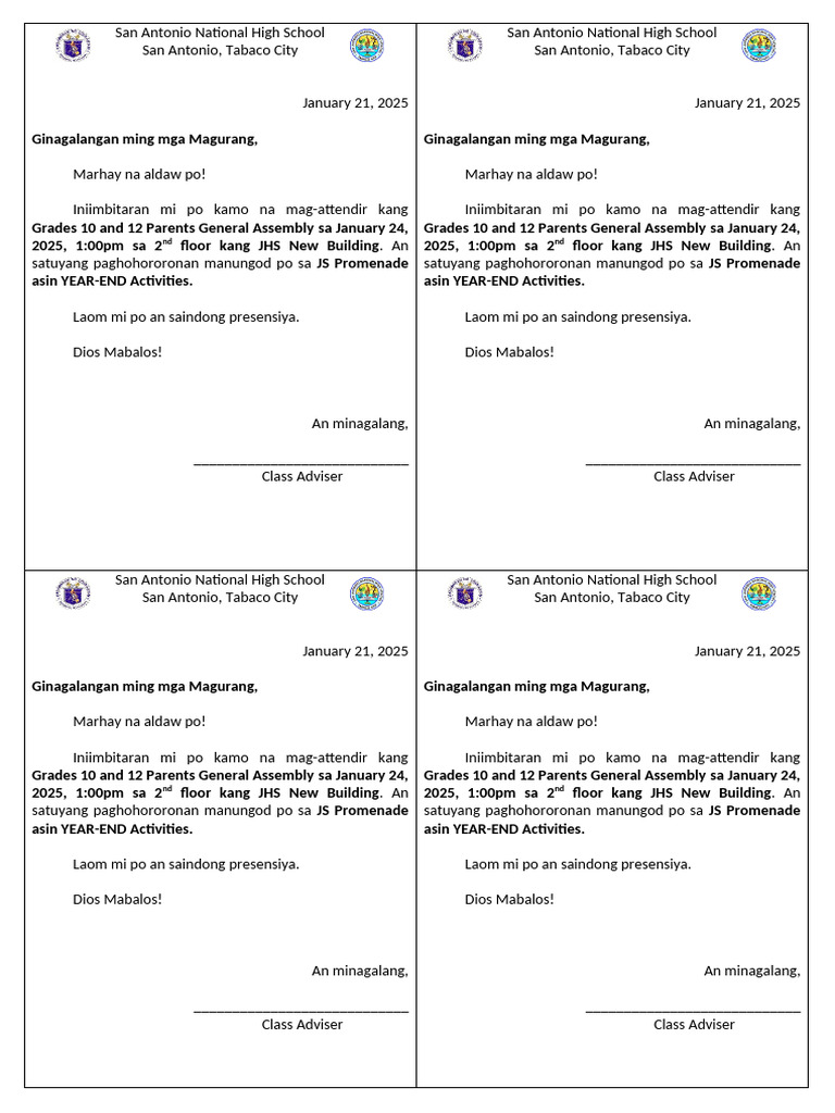 Grades 10-12 Parents Assembly Invite | PDF