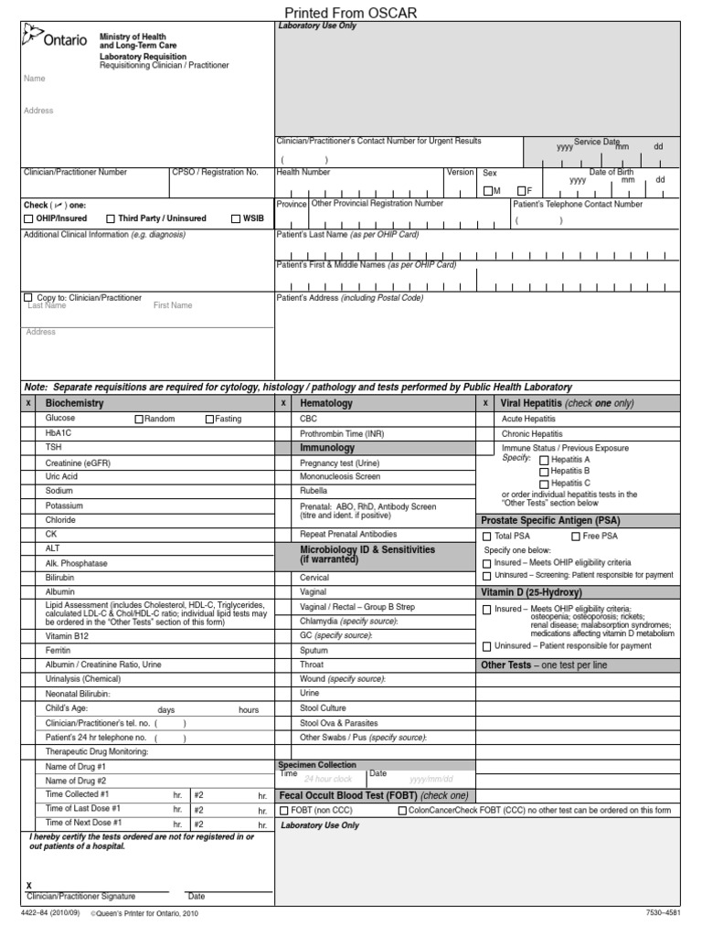 Ontario Laboratory Requisition Form | PDF | Prostate Specific Antigen ...