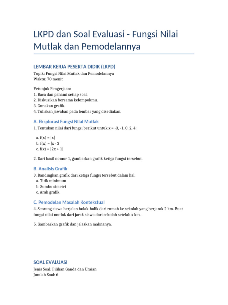 LKPD Dan Soal Fungsi Nilai Mutlak | PDF