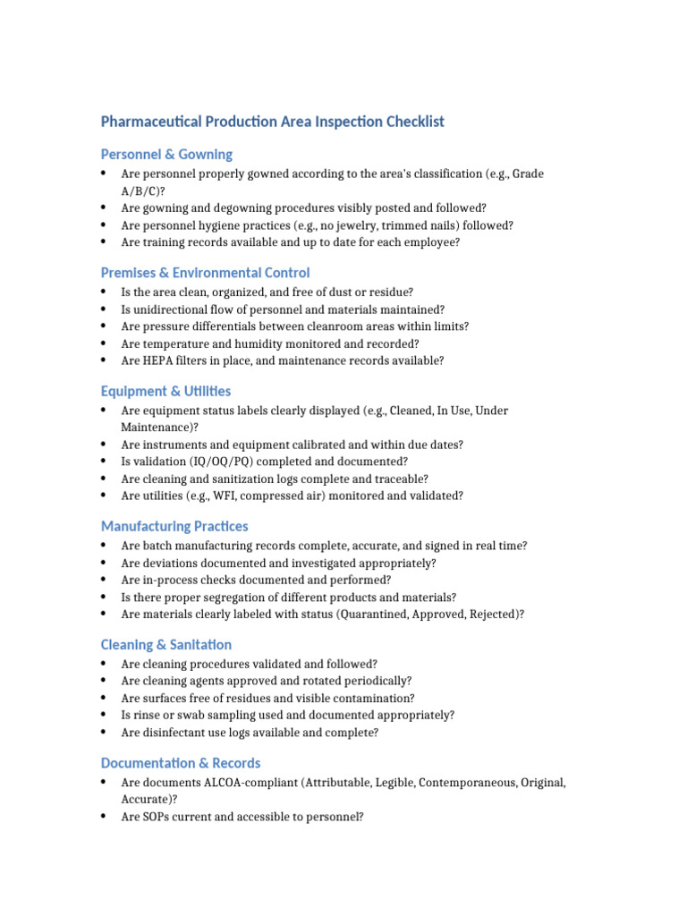 Pharmaceutical Production Inspection Checklist | PDF