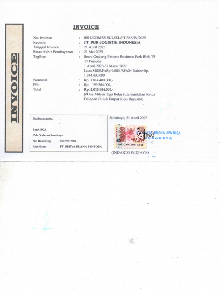 Invoice Sewa Gudang Pattene Per 1 April 25 - 31 Maret 27 PT BGR ...