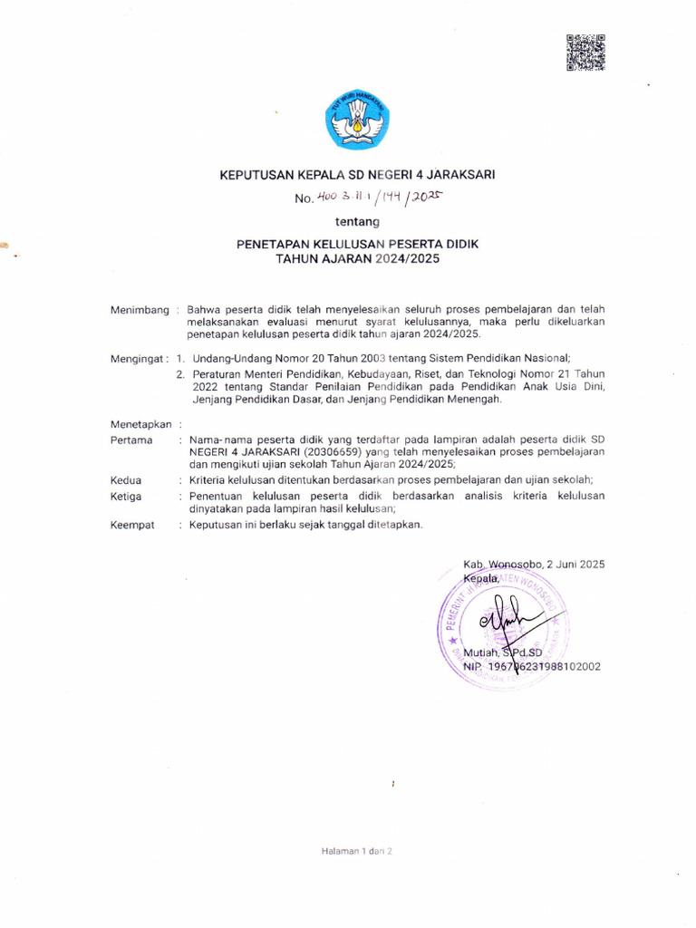 Surat Penetapan Kelulusan | PDF