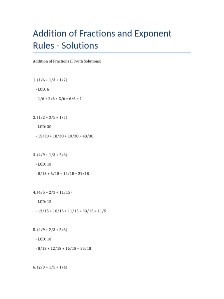 Addition of Fractions & Exponent Rules | PDF