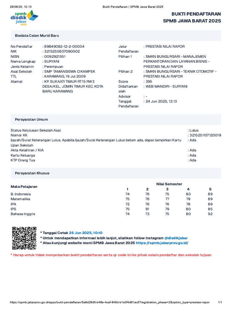 Bukti Pendaftaran - SPMB Jawa Barat 2025 SURYANI | PDF